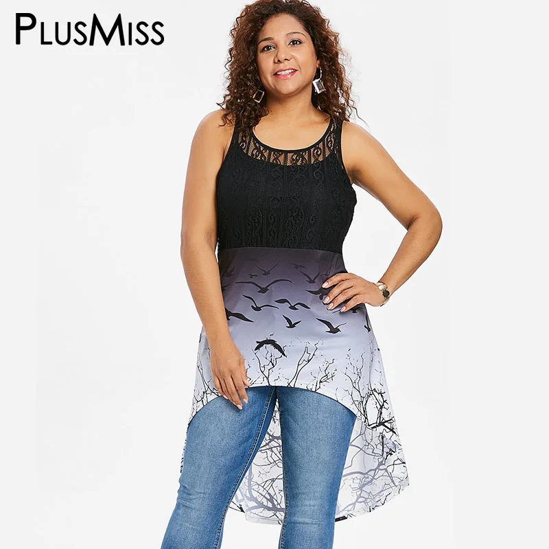 Plusmiss Plus Size 5xl Xxxxl Xxxl Print Lace Long Tunic Tank Tops Women