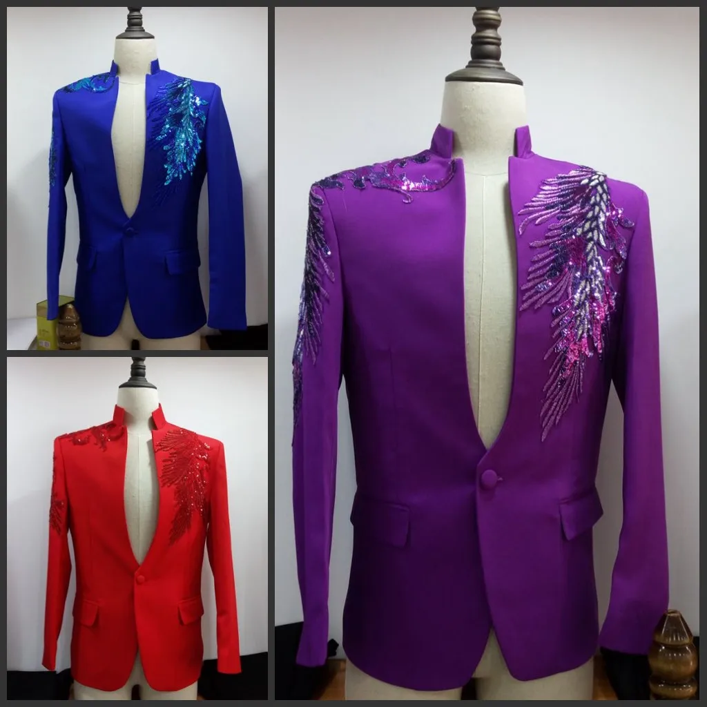 New Men's Embroidered Sequined Dress Suits (Jacket+Black Pants ) Stage ...
