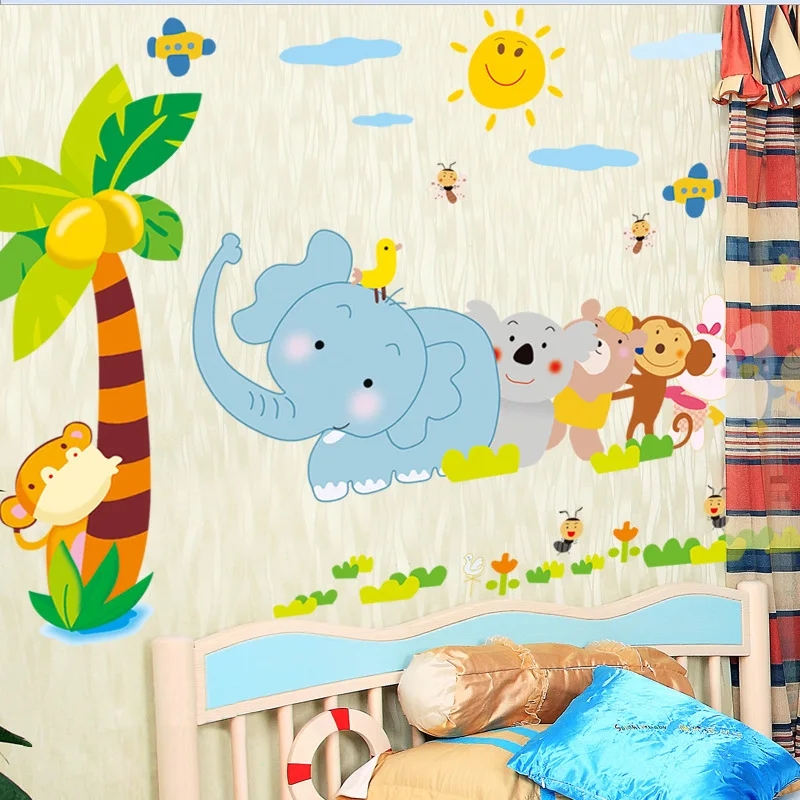 elephant small animal cartoon wall stickers children room decoration ...