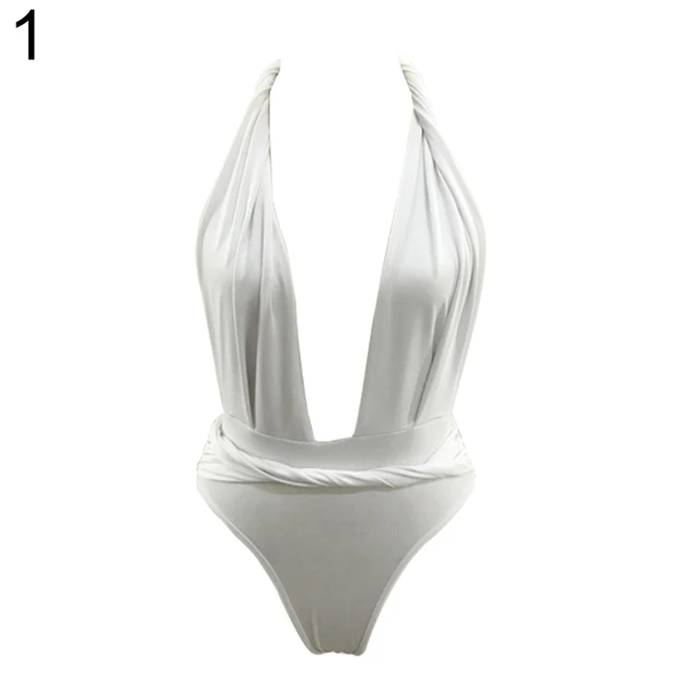 Women Sexy Deep Plunge Front Halter Summer Monikini Swimwear Swimsuit