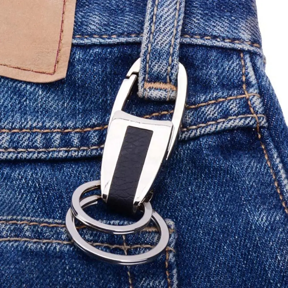 Cool Men Leather Metal Car Keyring Key Ring Chain Keyfob Double Ring ...