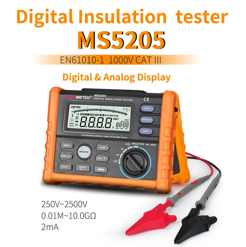 Insulation Resistance Tester PEAKMETER MS5205 Analog and Digital 2500V ...