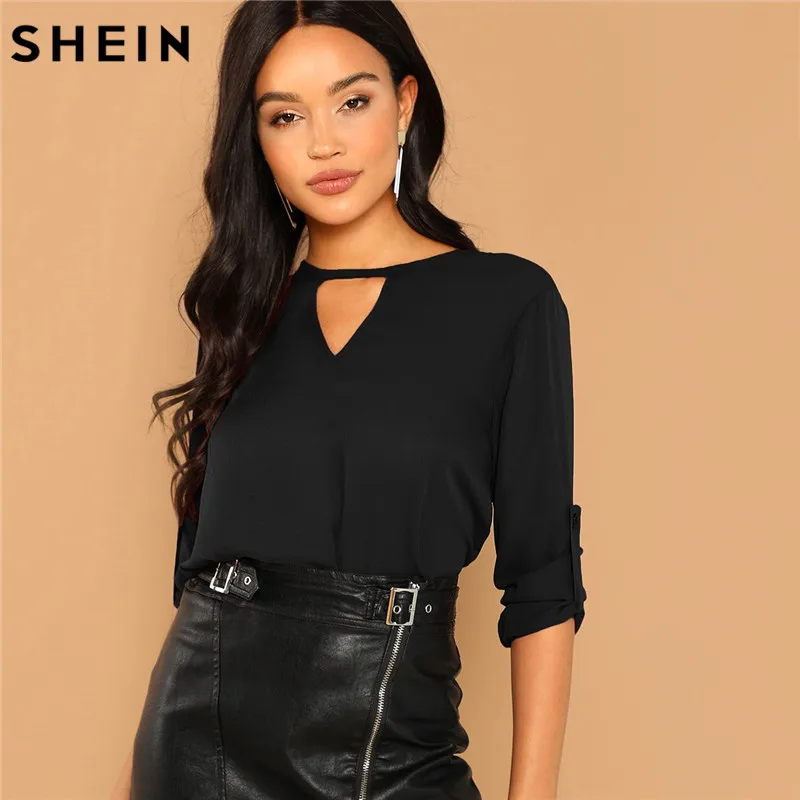 Buy Shein Black Cut Out Neck Long Sleeve Top Solid