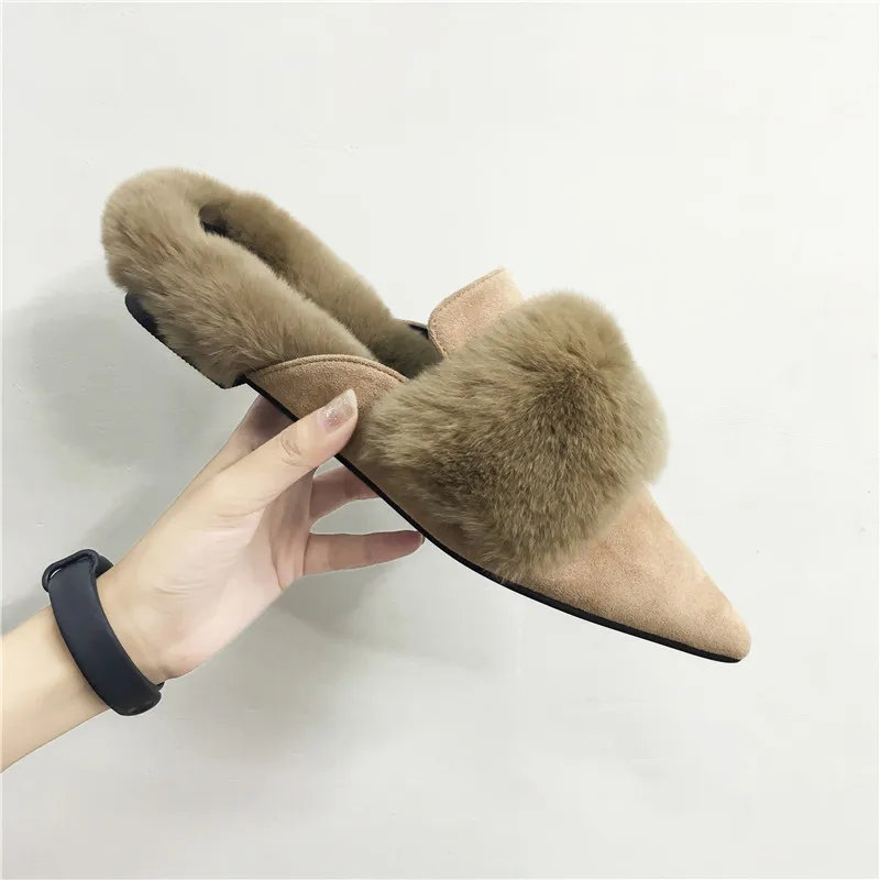 2018 Designer Woman Fur Flipflops Pointed Toe Slides Feather Fur
