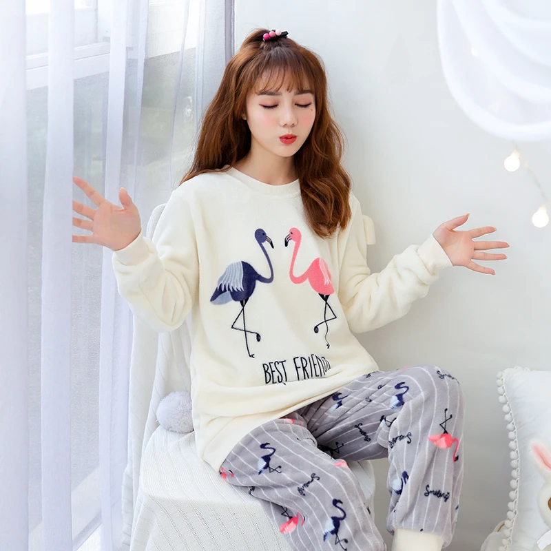 2018 New Pijamas Women Birds Prints Pajamas Thick Flannel Pyjamas Round ...
