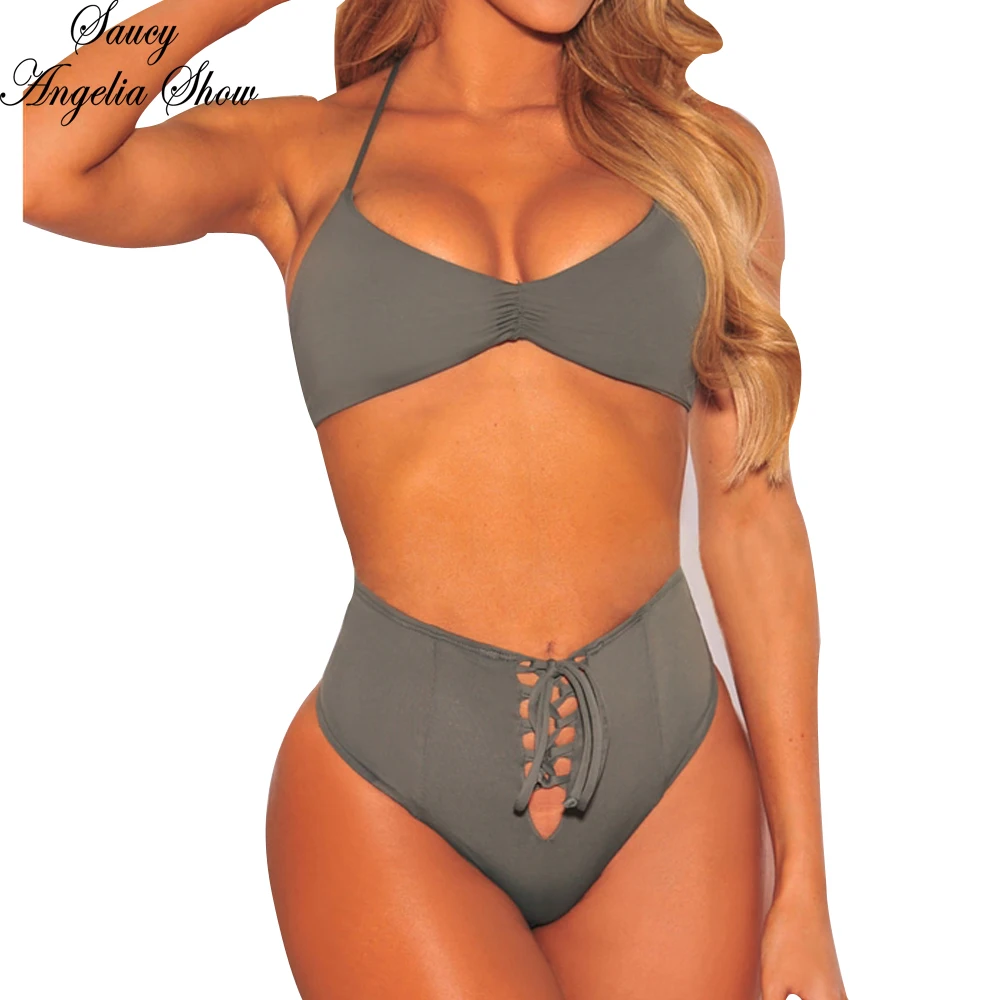Saucy Angelia Women Swimwear Sexy Lace Up Hollow Out High Waist Bikini