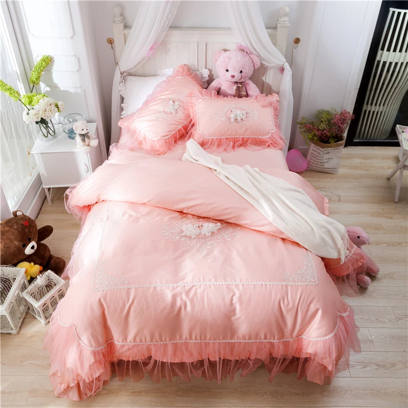 4pcs Luxury Egypt Cotton Graceful Swan Princess Bedding Set Applique