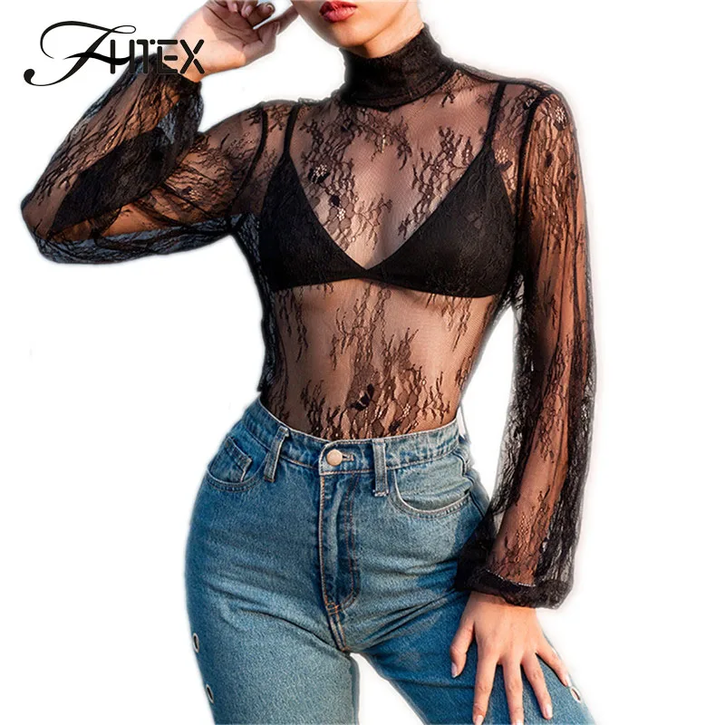 Fhtex Solid Stand Collar Long Sleeve Sexy Sheer Lace Shirts 2019 Women Spring Befree Blouse Open