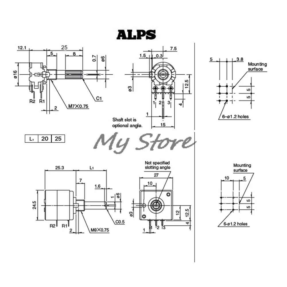 10K 20K 50K 100K 250K 500K ALPS RK27 потенциометр громкости двойной 10 ...