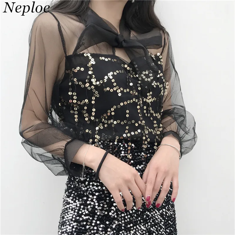 Neploe 2018 Spring Blouse Long Sleeve Bow Tie Mesh Blouses Women
