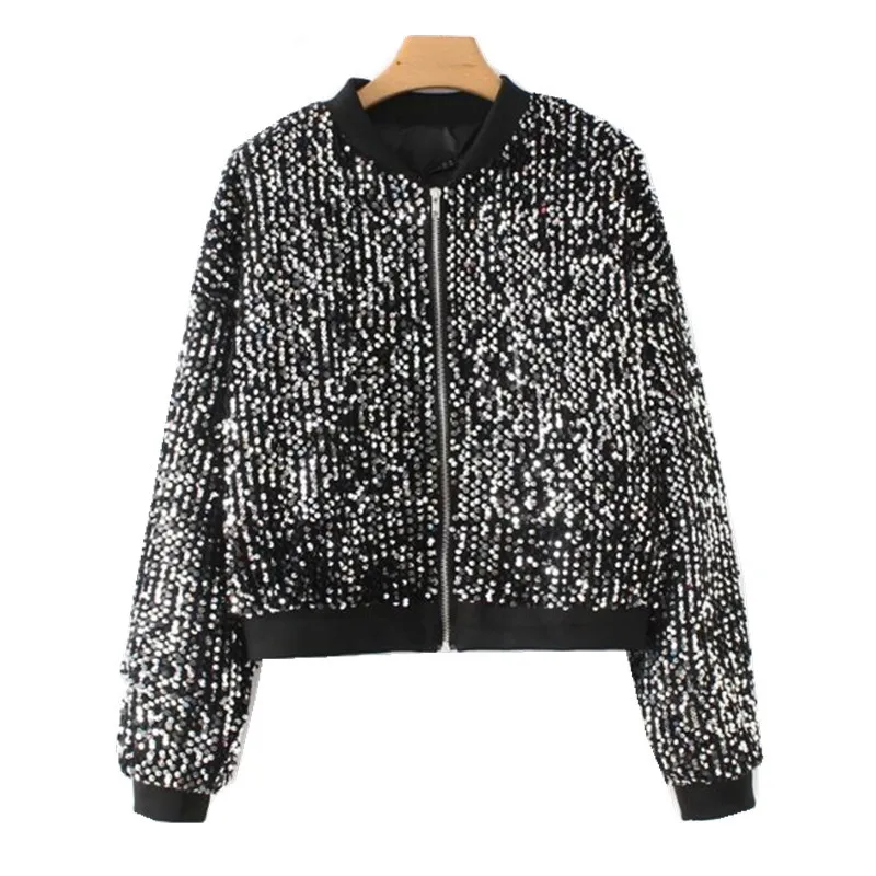 2018 Harajuku Solid Color Bright Bling Sequins Pilots Jacket Women ...