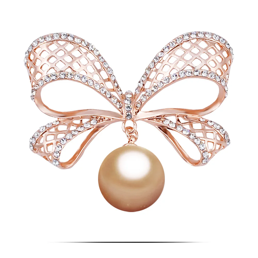 RHao Classic Hollow Bowknot water drop Brooch pins Crystal Gold Pearl ...