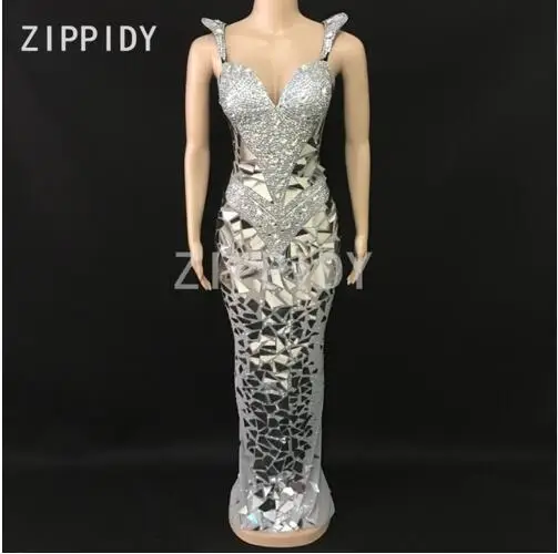 Sparkly Silver Rhinestones Sequins Mesh Long Dress Womens Celebrate