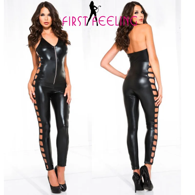 High Quality Female Sexy Black Pu Leather Bodycon Bodysuit Hollow Out