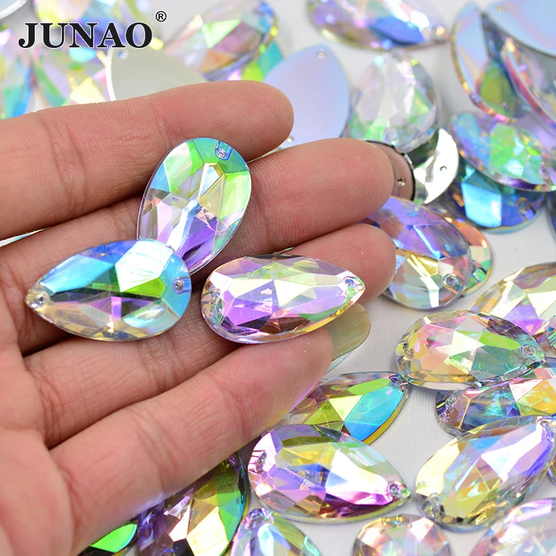 JUNAO 100pcs 17*28mm Large Sewing Crystal AB Drop Rhinestone Applique ...