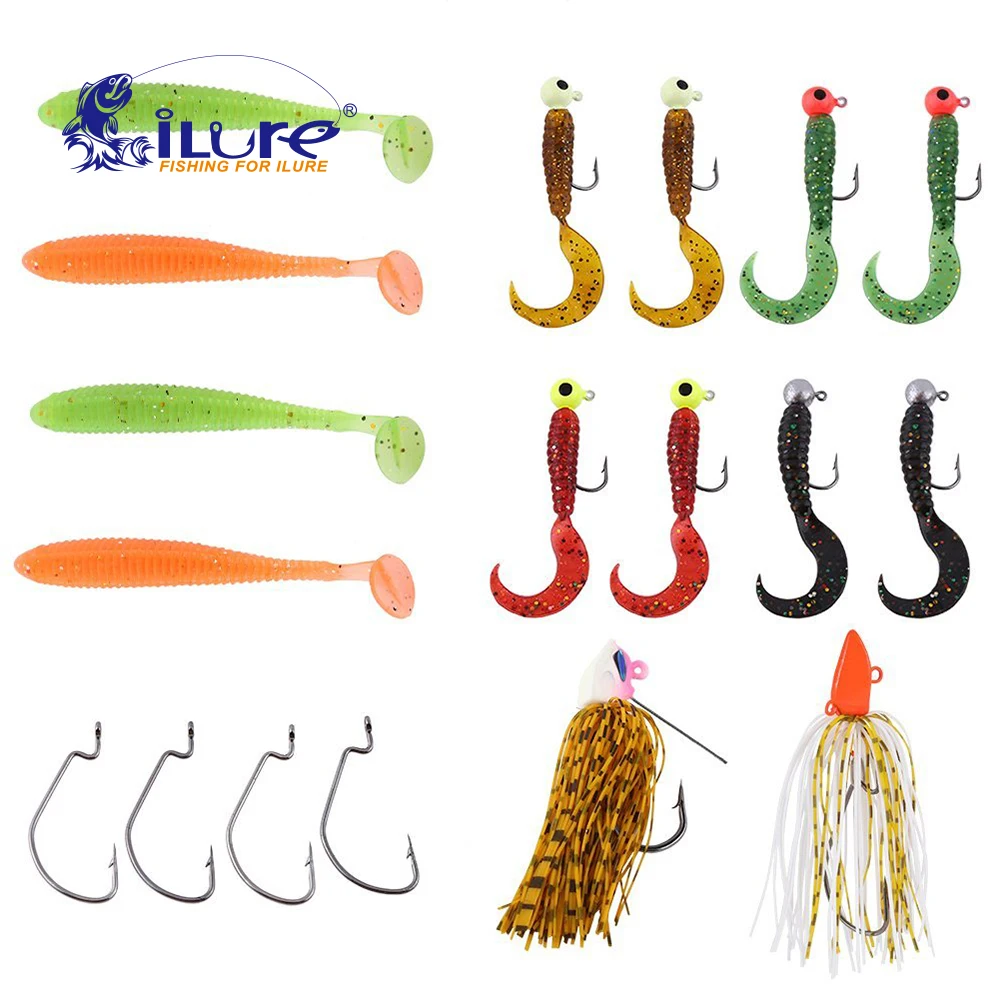 iLure Fish Bait Kit Fishing Lures Sinking Lures Jigs Curl T Tail Soft ...