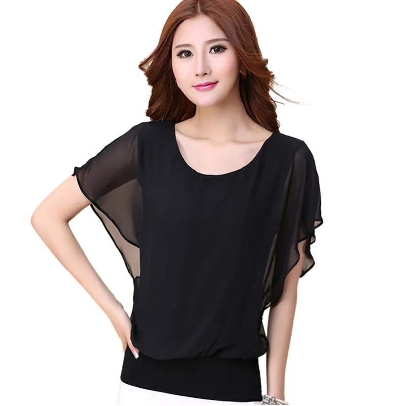 Plus Size 5xl Casual Short Batwing Sleeves Solid O Neck Chiffon Womens Tops And Blouses Simple
