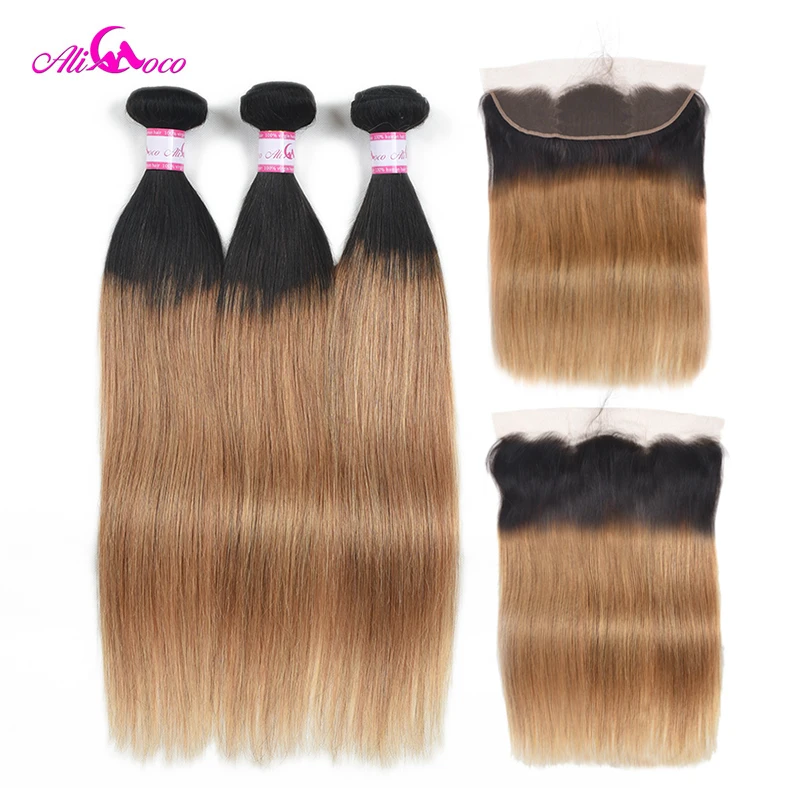 Ali Coco mechones de pelo liso brasileño con encaje Frontal 1B/27, 100% ...