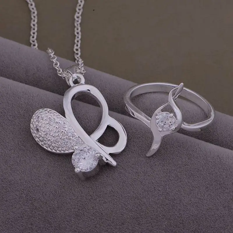 Silver Plated Jewelry Sets Silver Jewelry Set Bling Zircon Beautiful Ring Necklace Wnrdacwf In