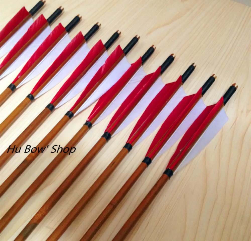 12PCS bamboo arrows traditional archery arrows turkey feather steel ...
