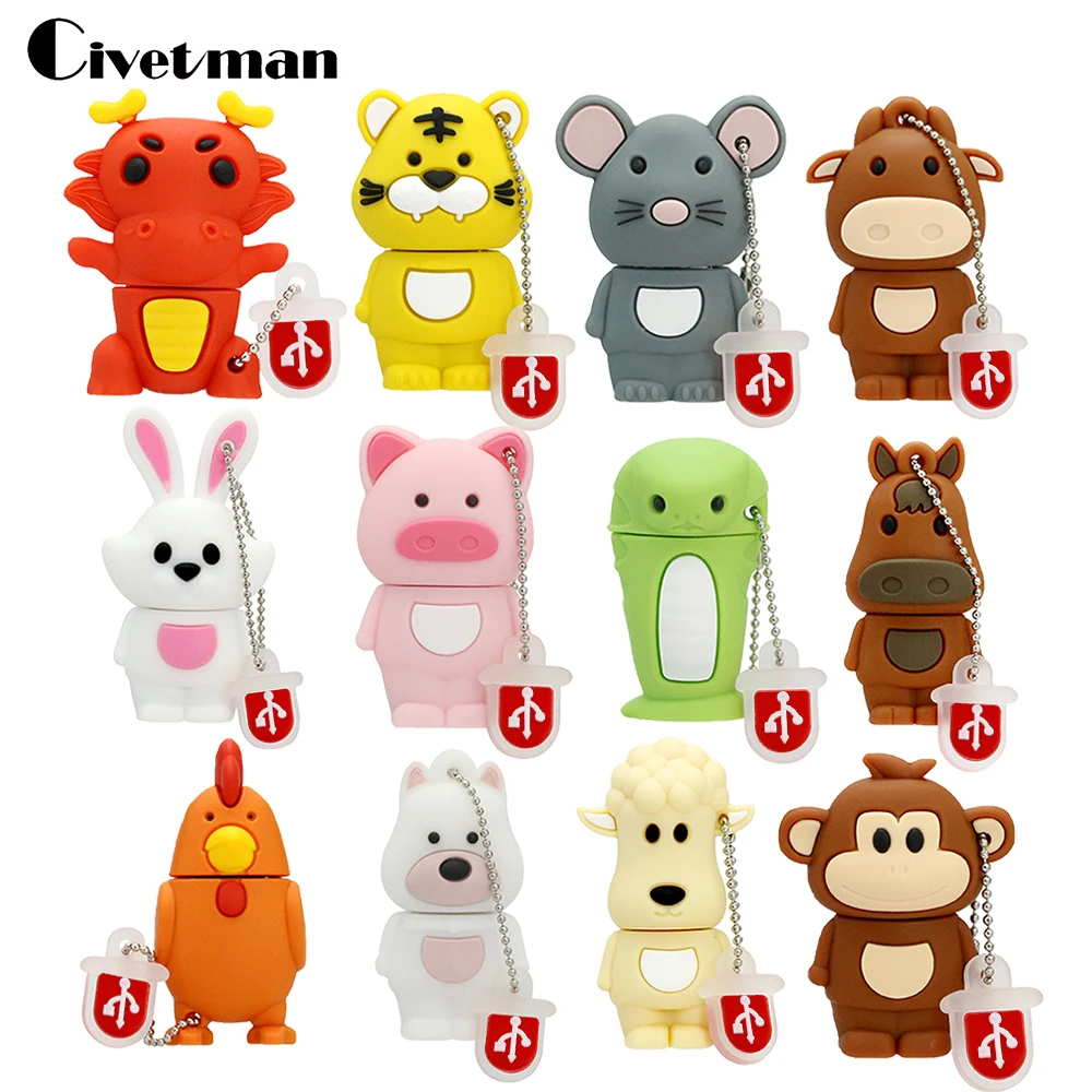 USB Flash Drive 128G Zodiac Animal Chicken Rabbit Cle Usb Tiger Monkey ...