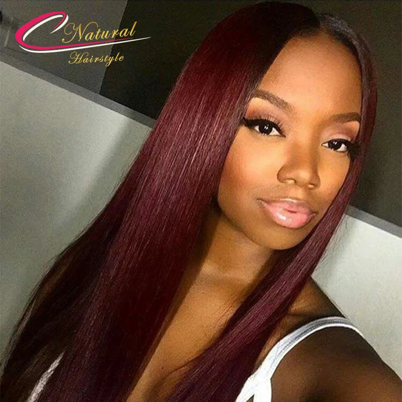 1B Burgundy Ombre Straight Human Hair Lace Front Wigs Brazilian Virgin ...