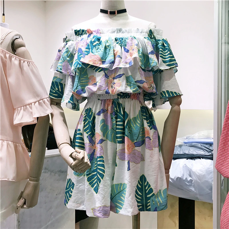 Korean Ulzzang Floral Ruffles Off Shoulder Women Playsuits 2018 New
