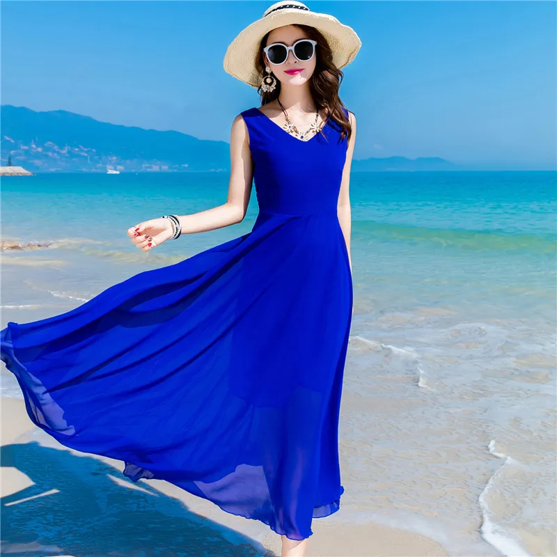 2017 Women Summer Sleeveless V Neck Boho Chiffon Beach Dress Tunic ...