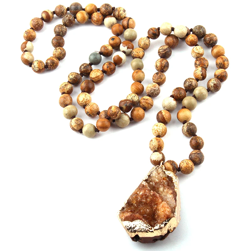 Free Shipping Fashion Long Knotted Brown Natural Stone Drop Pendant ...