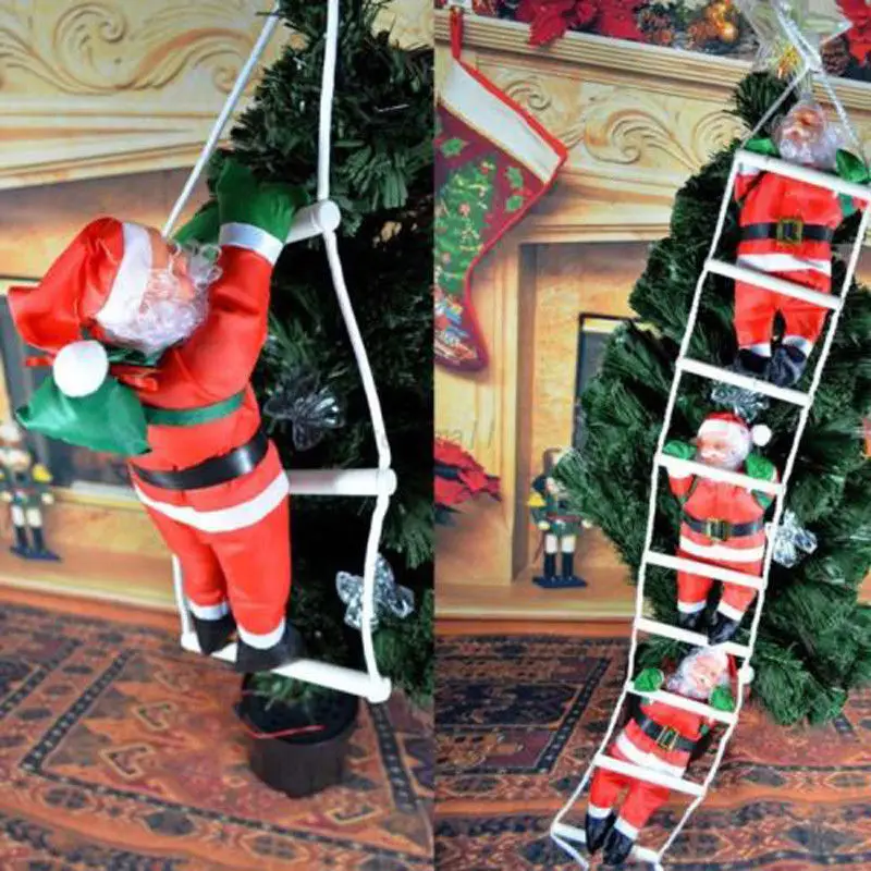 Christmas Santa Claus Climbing On Rope Ladder Xmas Trees Hanging Home ...