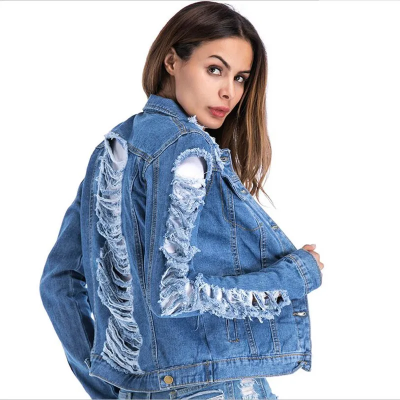 2018 Female Spring and Autumn long sleeved round neck denim Jacket ...