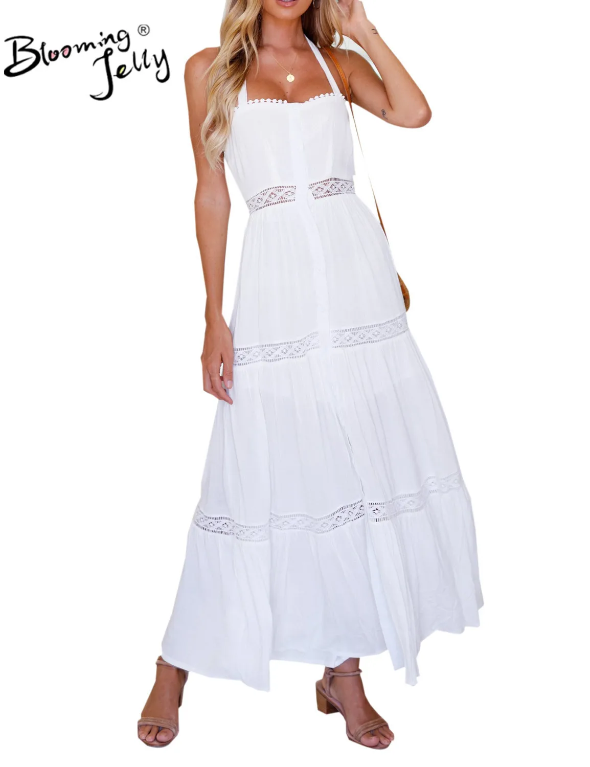 Blooming Jelly 2018 Women White Backless Maxi Dress Bow Tie Up Summer ...