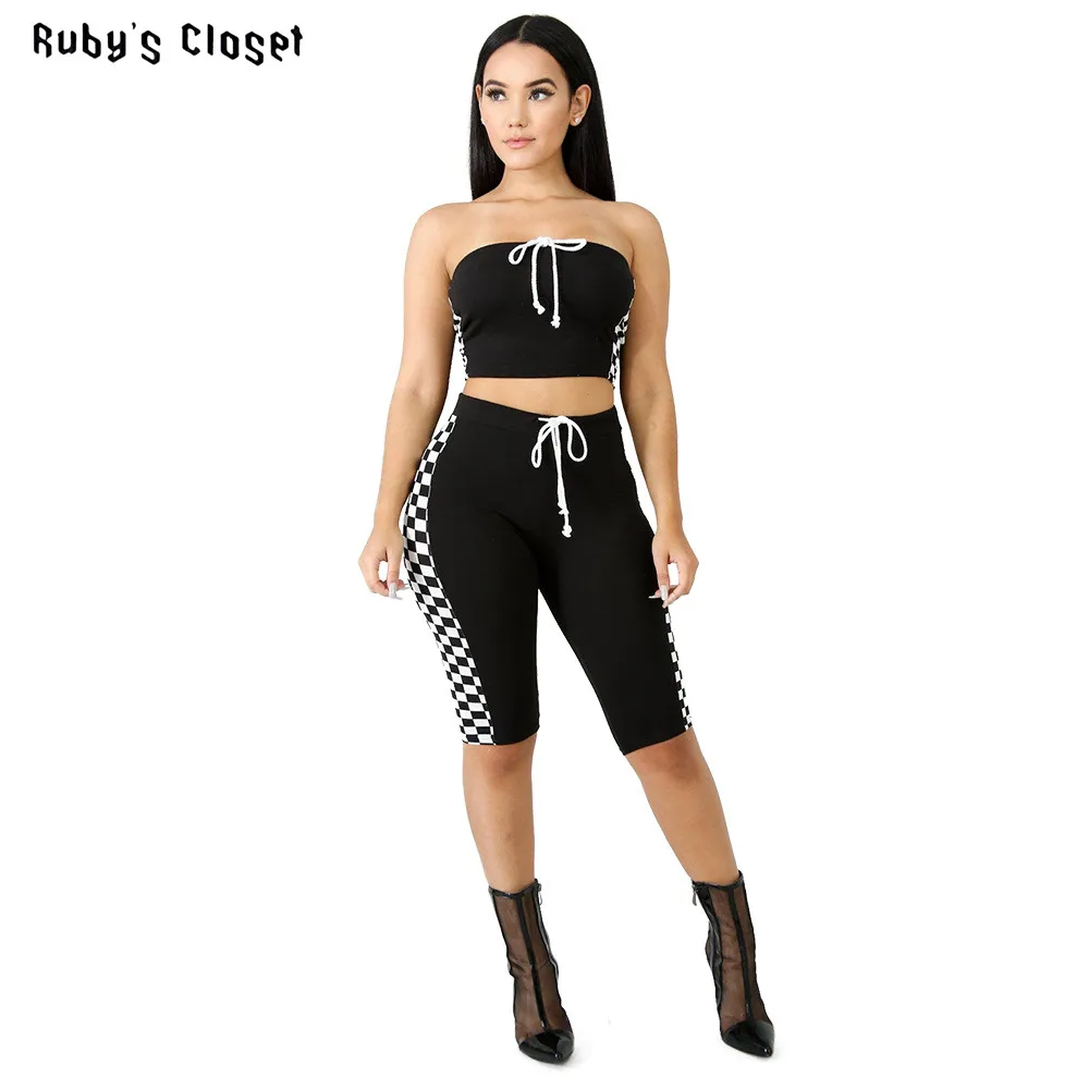 Ruby's Closet classical plaid print women two piece sets strapless drawstring half length pants ...