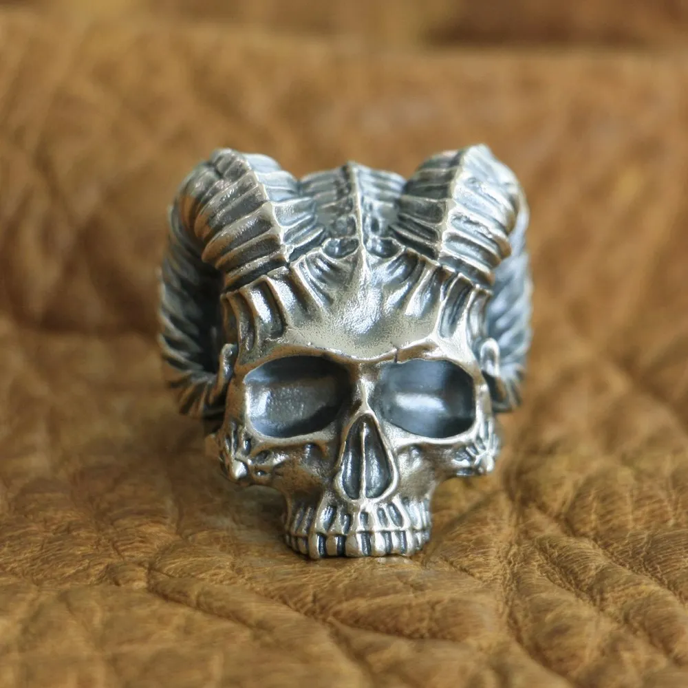 LINSION 925 Sterling Silver Horned Demon Skull Ring Mens Biker Punk ...
