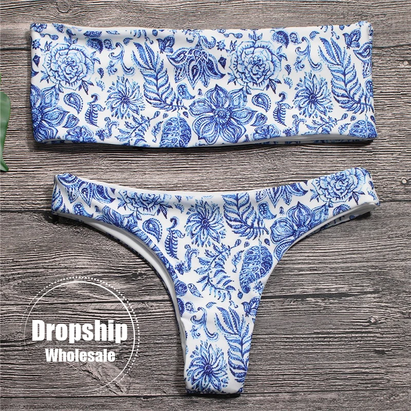 2018 Sexy Women Bikini Set Blue Flower Print Bikinis Bandeau Top Low