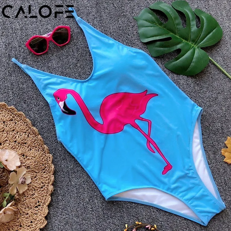 2019 Flamingos Bikini Women One Piece Swimsuit High Cut Print Backless