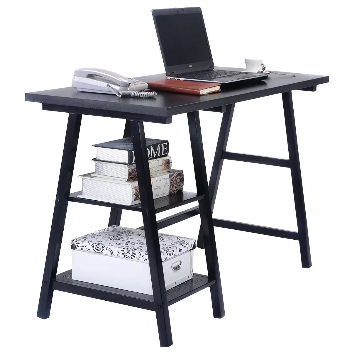 Giantex Modern Trestle Desk Wood Laptop Writing Table with Storage ...