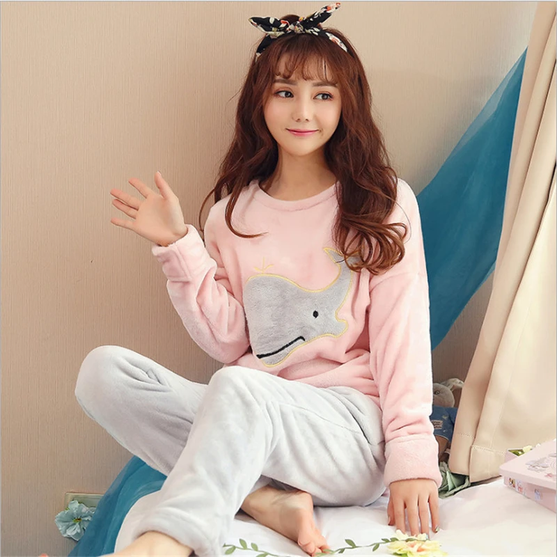 Women Korean Pajamas Winter Coral Velvet Thick Warm Fresh Cute Cartoon