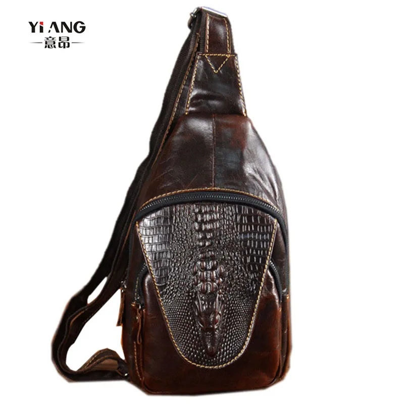 New Vintage Men Genuine Leather Crocodile Grain Pattern Travel Shoulder Cross Body Messenger