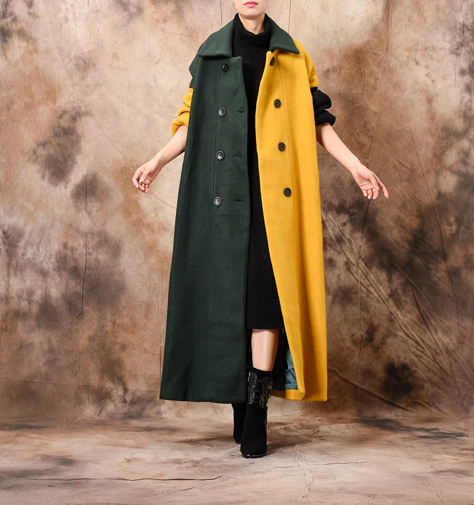 Women Woollen Patchwork Long Coat Outerwear Ladies Woolandblends Retro