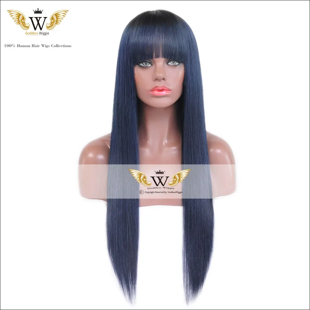 5A 150Density Straight Blue Hair Full Lace Human Hair Wigs WIth Bang Lace Front Human Hair Wigs ...