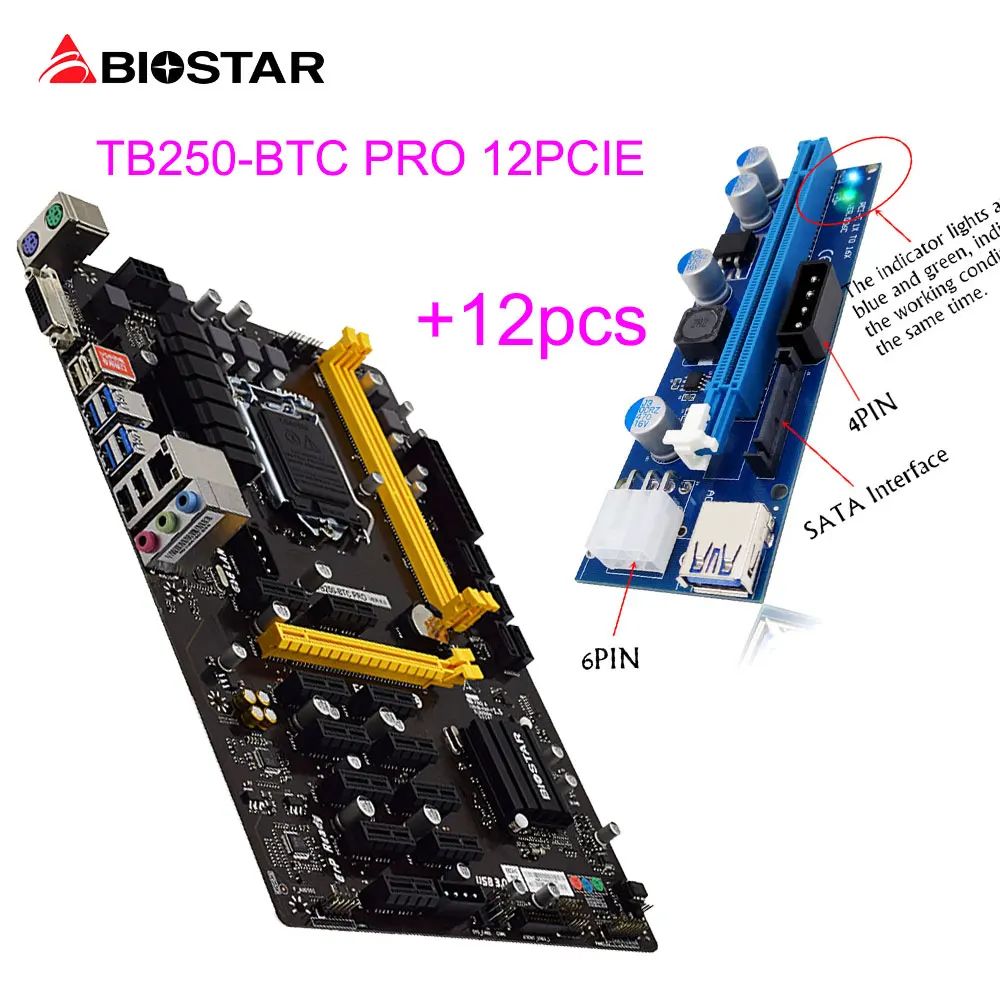 BIOSTAR TB250 BTC PRO Mining Motherboard +12Pcs Riser Card 4+6Pin led ...