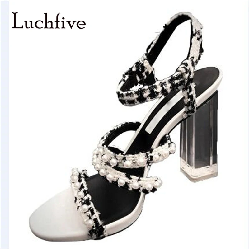 New String Bead Women Sandal Chunky High Heels Female Shoes Ankle