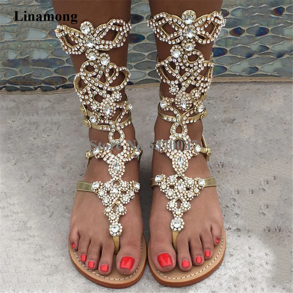 Summer Fashion Ladies Bling Bling Rhinestone Flat Gladiator Sandals ...