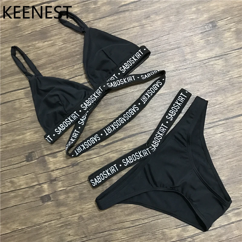 Keenest Women Sexy Bandage Bikini Set No Padded Swimsuit Letter Printed