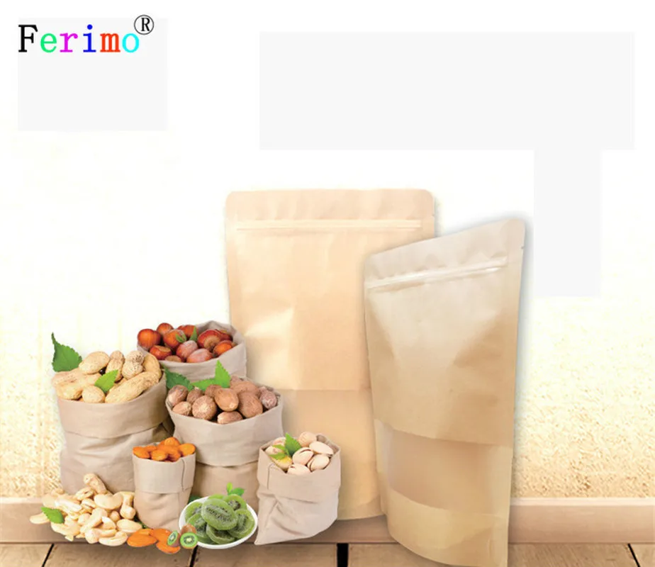 100pcs 20x30cm Brown Gift Kraft Paper Bag Zip Lock Food Snack Tea Bag ...