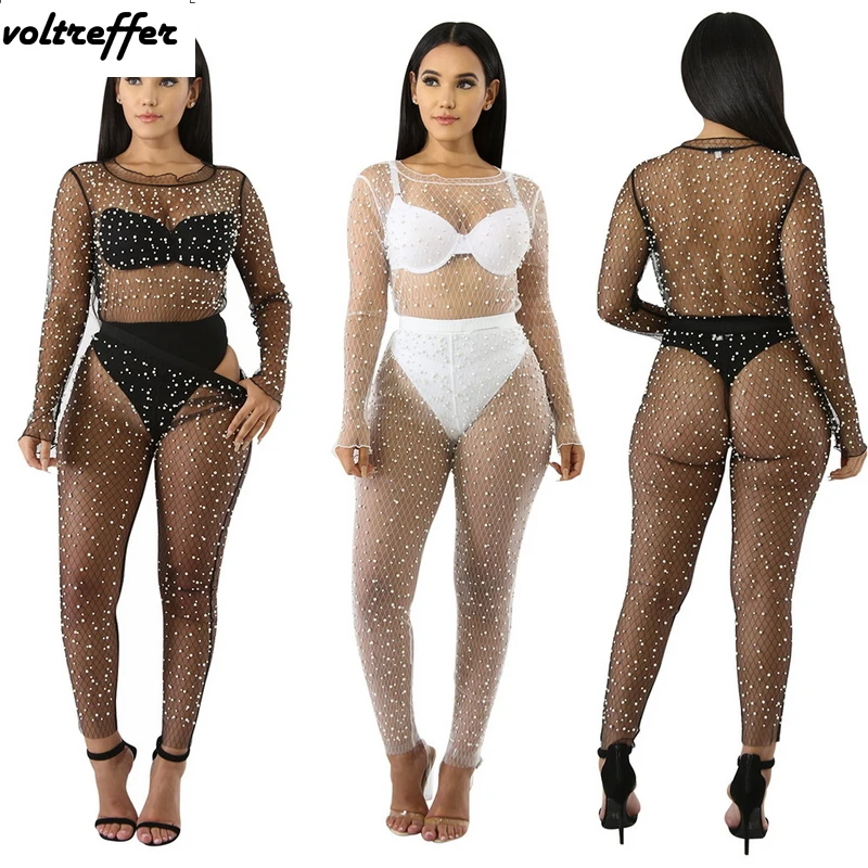 Two Piece Set For Women Mesh Crochet Perspective Beading Sexy Club Wear
