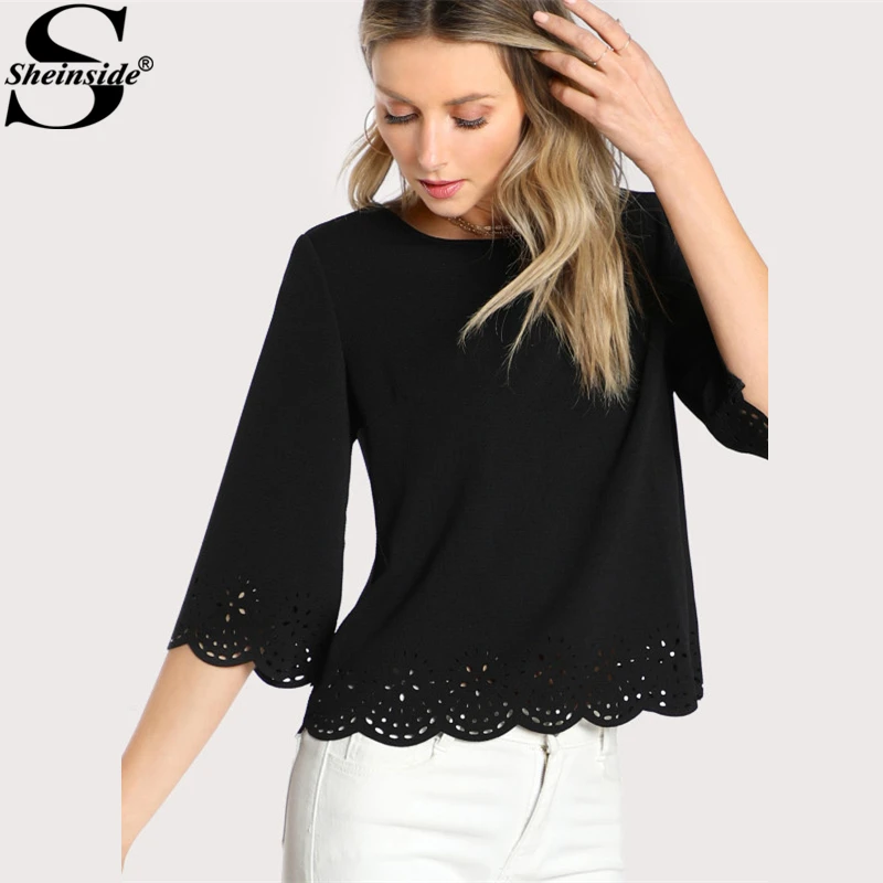 Sheinside Scallop Laser Cut Textured Casual Blouse Women Round Neck 34 Sleeve Plain Top 2018