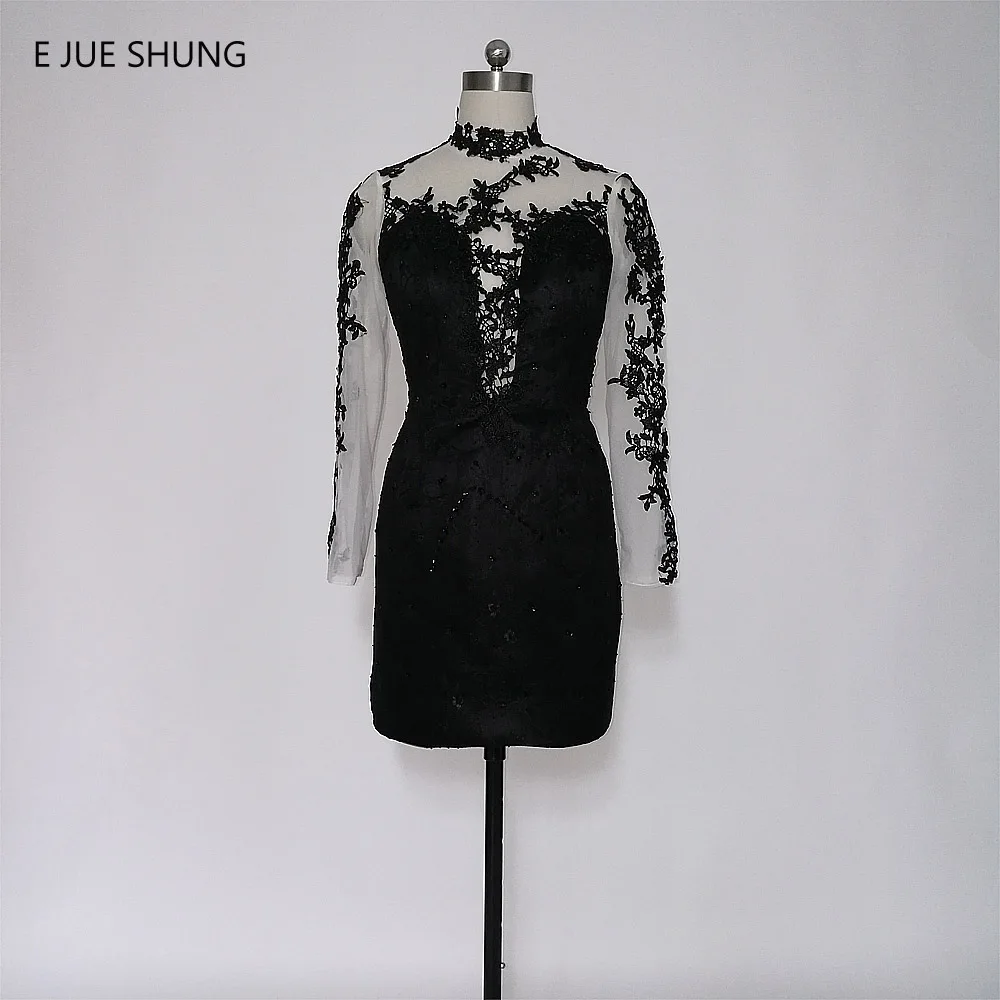 E Jue Shung Black Lace Appliques Short Cocktail Dresses Sheer See
