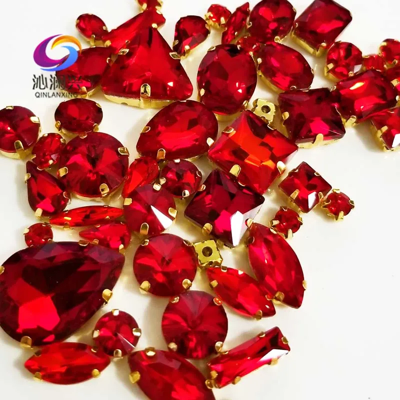 Mix-58Pcs-Top-Crystal-Glass-Rhinestones-Shiny-Gold-Bottom-Red-Sew-on ...